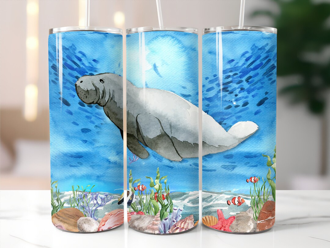 Watercolor Manatee Tumbler / Custom 20 Ounce Insulated Tumbler With Lid ...