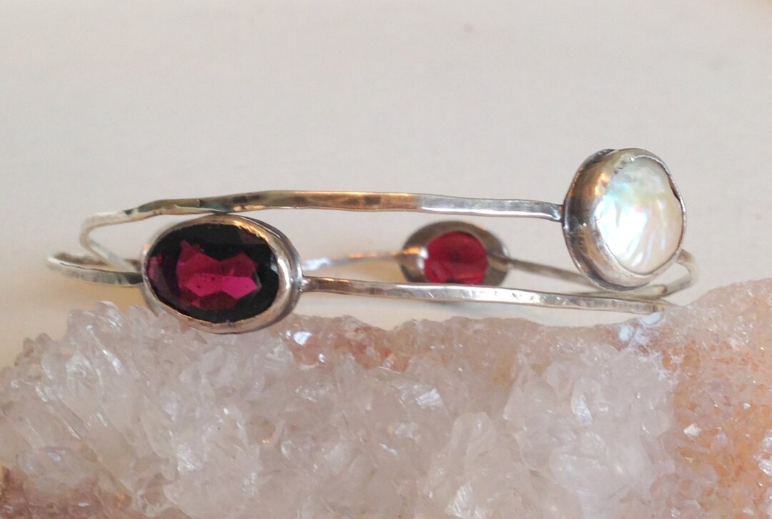 Sterling Silver Garnet & Pearl Bangle Bracelet Set - Etsy