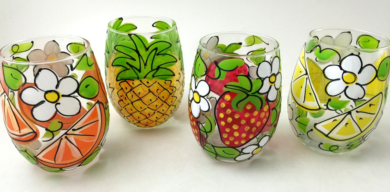 Hand Painted Glass Lemon Slice Stemless Wine Glass Hand | Etsy