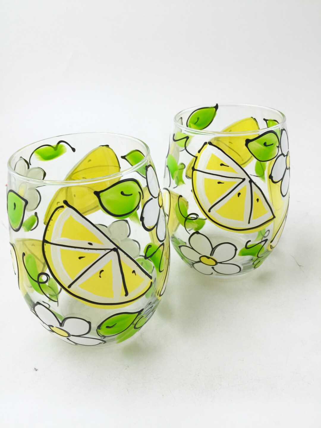 Hand Painted Glass Lemon Slice Stemless Wine Glass Hand Painted Lemon ...