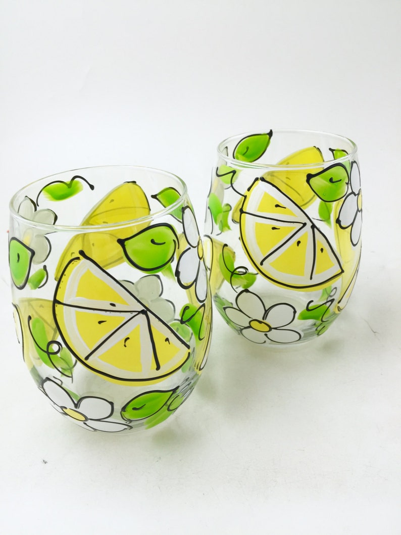 Hand Painted Glass Lemon Slice Stemless Wine Glass Hand Painted Lemon ...