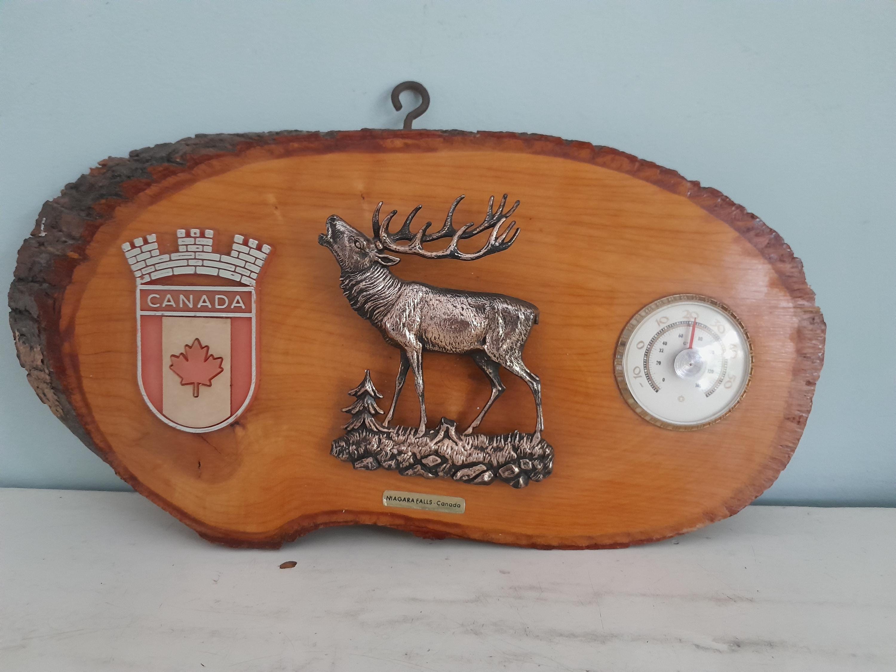 Vintage Wooden Wall Plaque With Canadian Flag, Thermometer and Deer ...