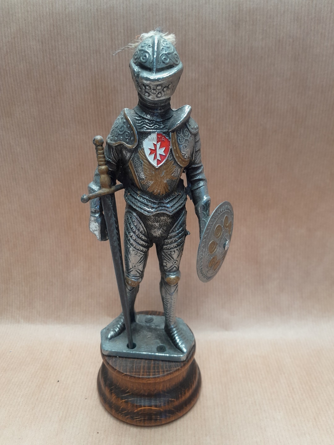 Vintage Pewter Medieval Knight in Armor With a Sword on Wooden Stand ...