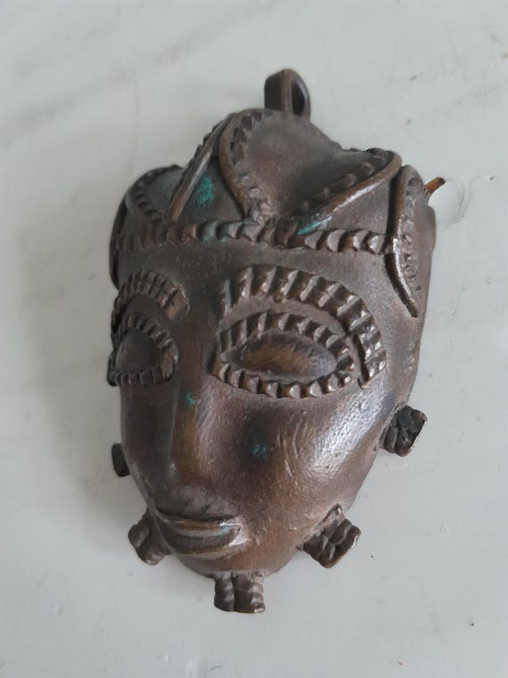 Vintage African Bronze Mask Pendant - Amulet - Gem