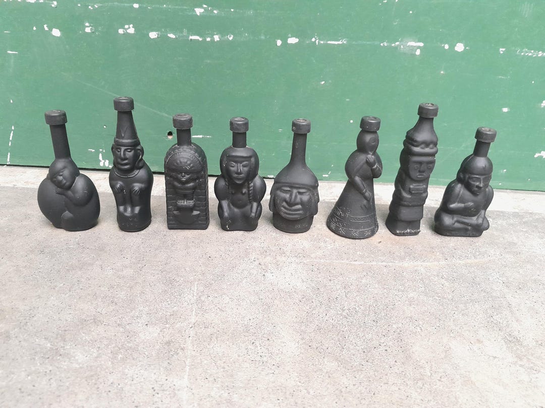 Vintage Miniature Inca Figural Faced "pisco" Matte Black Glass Bottles ...