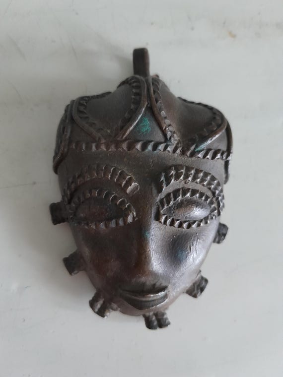 Vintage African Bronze Mask Pendant - Amulet - Gem