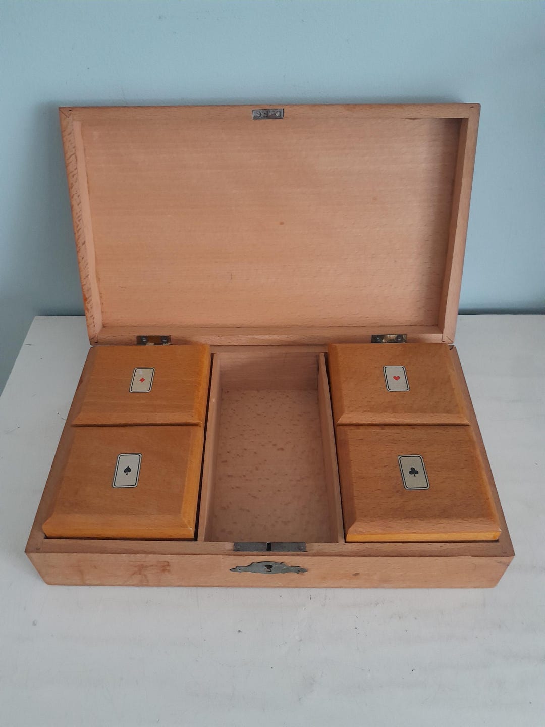 Vintage Wooden Playing Card Box. With Chips. Bridge Game. - Etsy