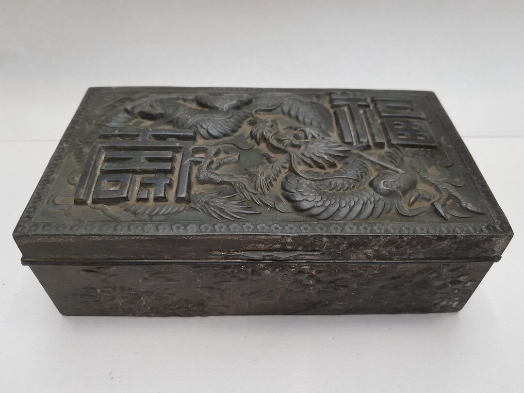 Antique Chinese Metal Storage Box With Dragon and Bamboo Symbols ...