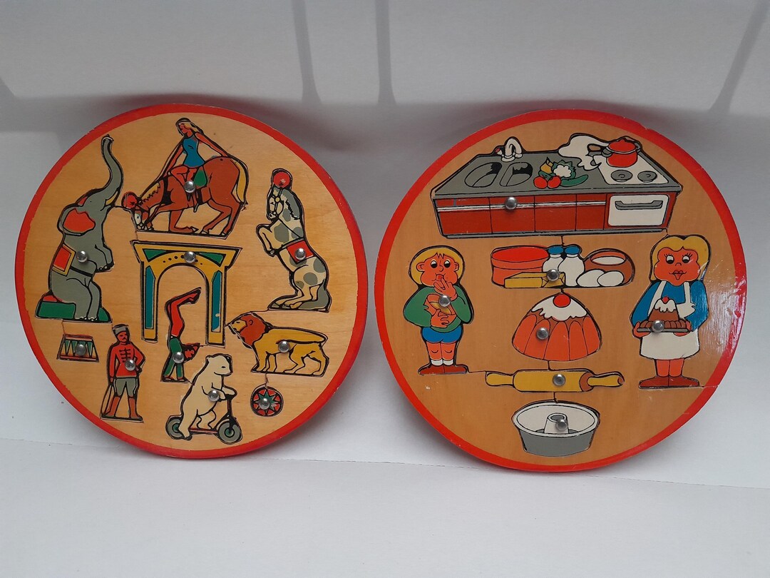 Set of 2 Vintage Simplex Round Wooden Pin Puzzles Circus and Kitchen - Etsy