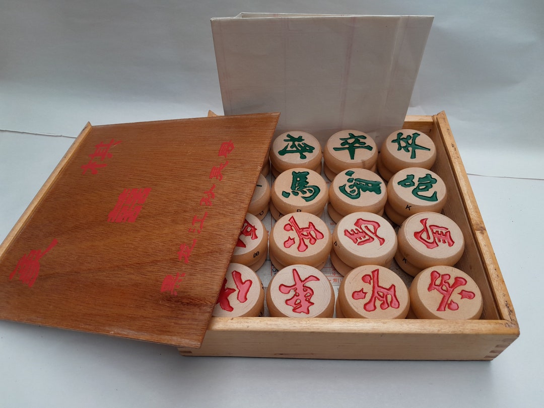Vintage Chinese Chess Wooden Round Pieces - Original Wooden Box With ...