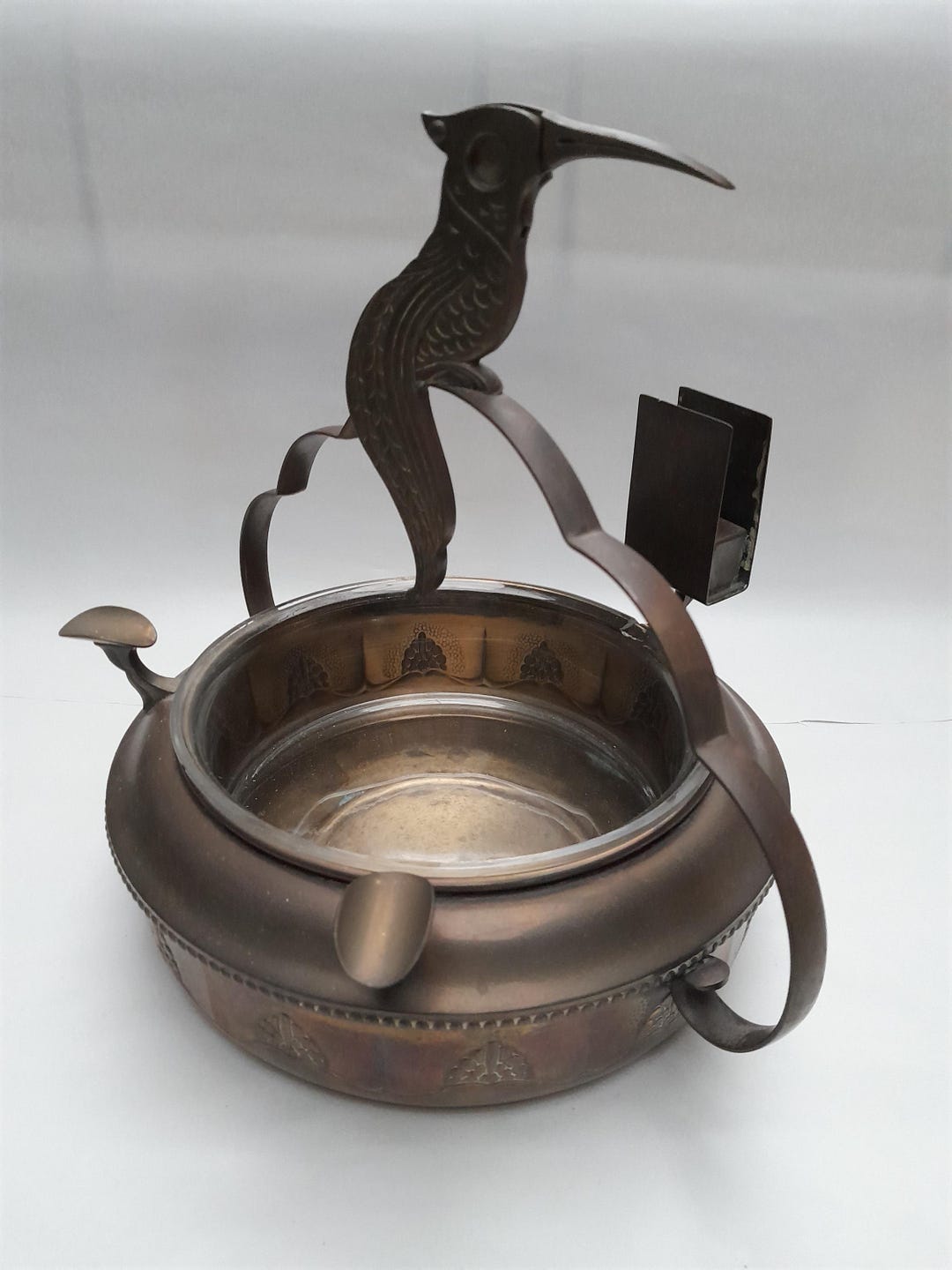 Art Deco Ashtray With Unique Bird Cigar Cutter - Brass & Glass Insert ...