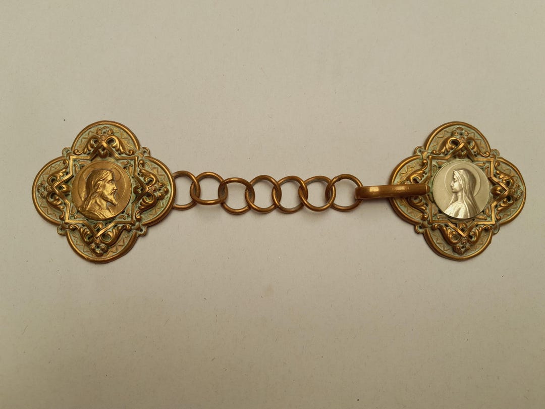 Vintage Antique Cloak Cape Chain Jesus Mary Clasp - Gold-tone Pressed ...