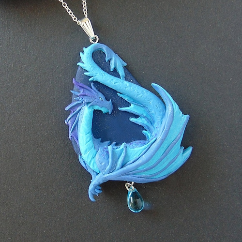 Blue Polymer Clay Water Dragon Necklace Unique Fantasy - Etsy
