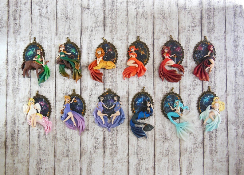 Zodiac Sign Polymer Clay Cameo Necklace Star Sign Pendant Etsy