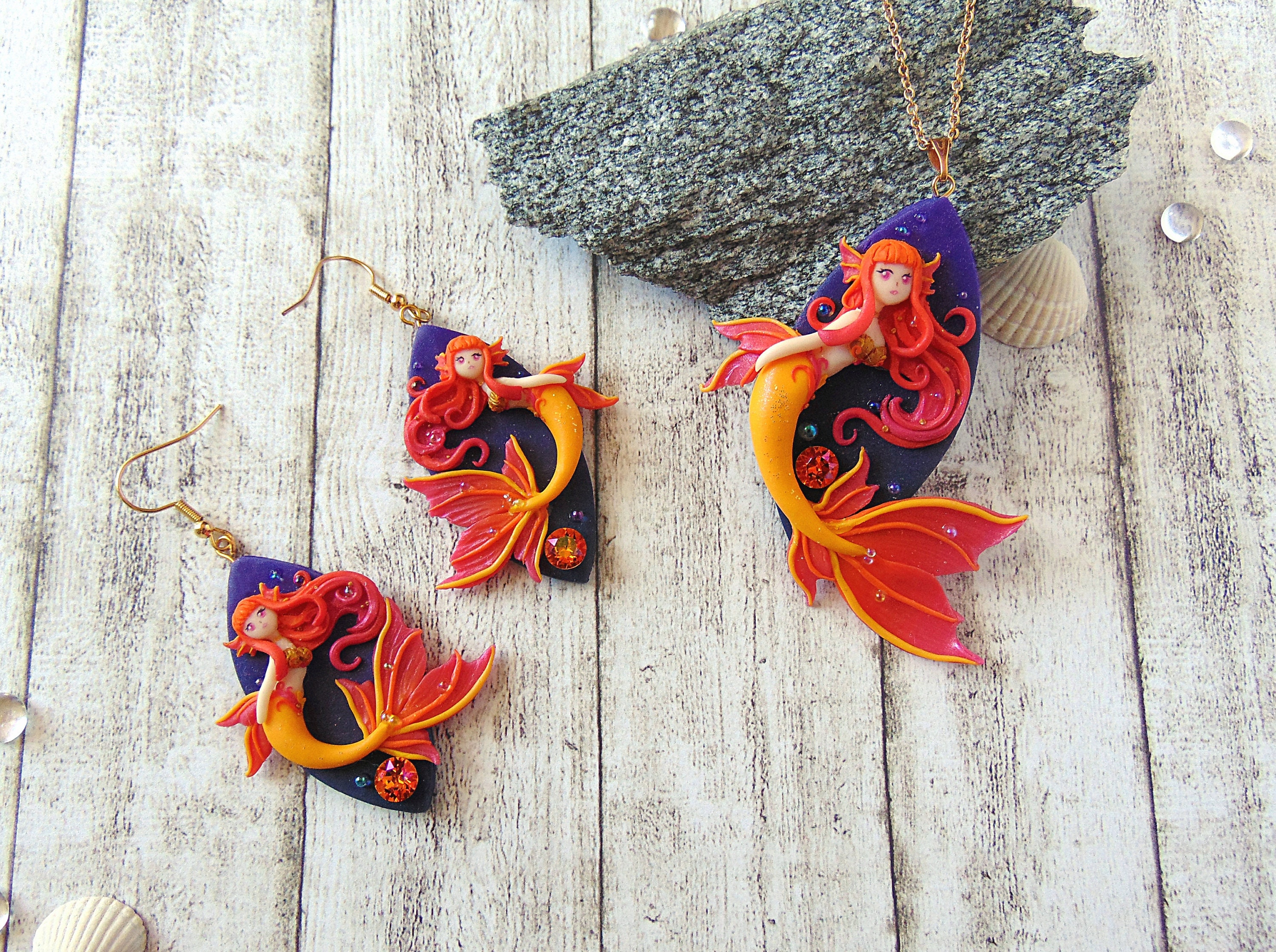 Orange Pink Polymer Clay Mermaid Necklace - Handmade Mermaid Jewelry ...