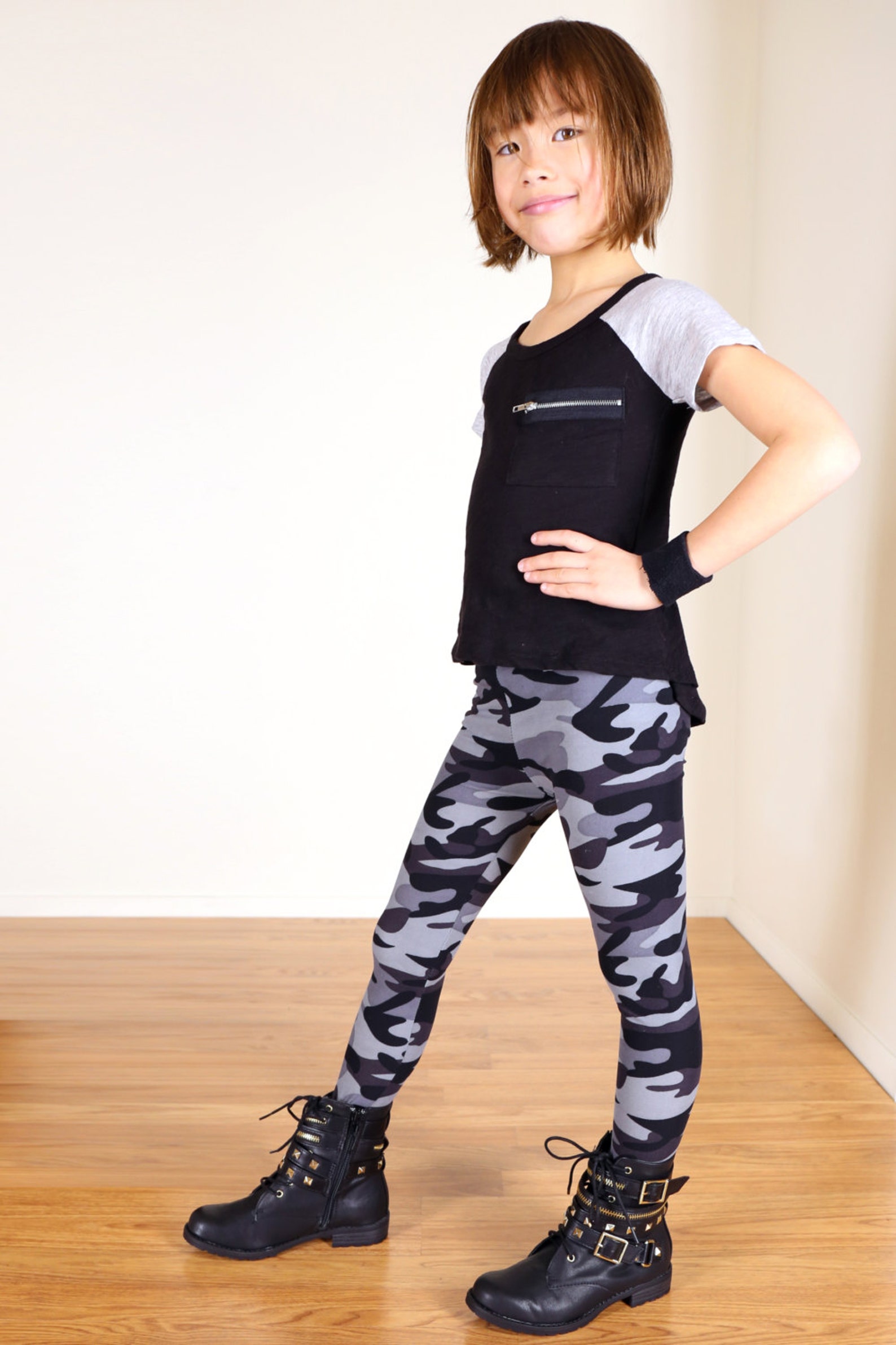 Girls/kids Black and Gray Camo Printed Leggings for Riot - Etsy