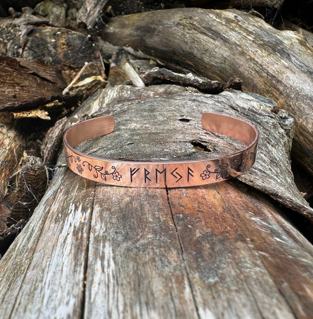Viking Runic Freya Cuff, Freja, Copper Cuff, Elder Futhark, Floral ...