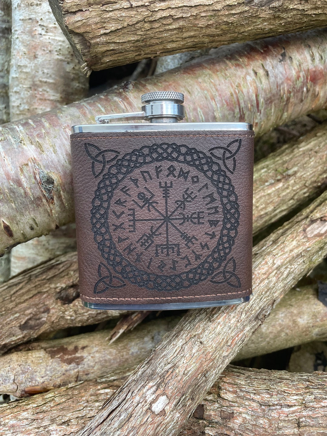 Viking Hip Flask, Vegvisir, 6oz, Compass, Elder Futhark, Mead, Whiskey ...
