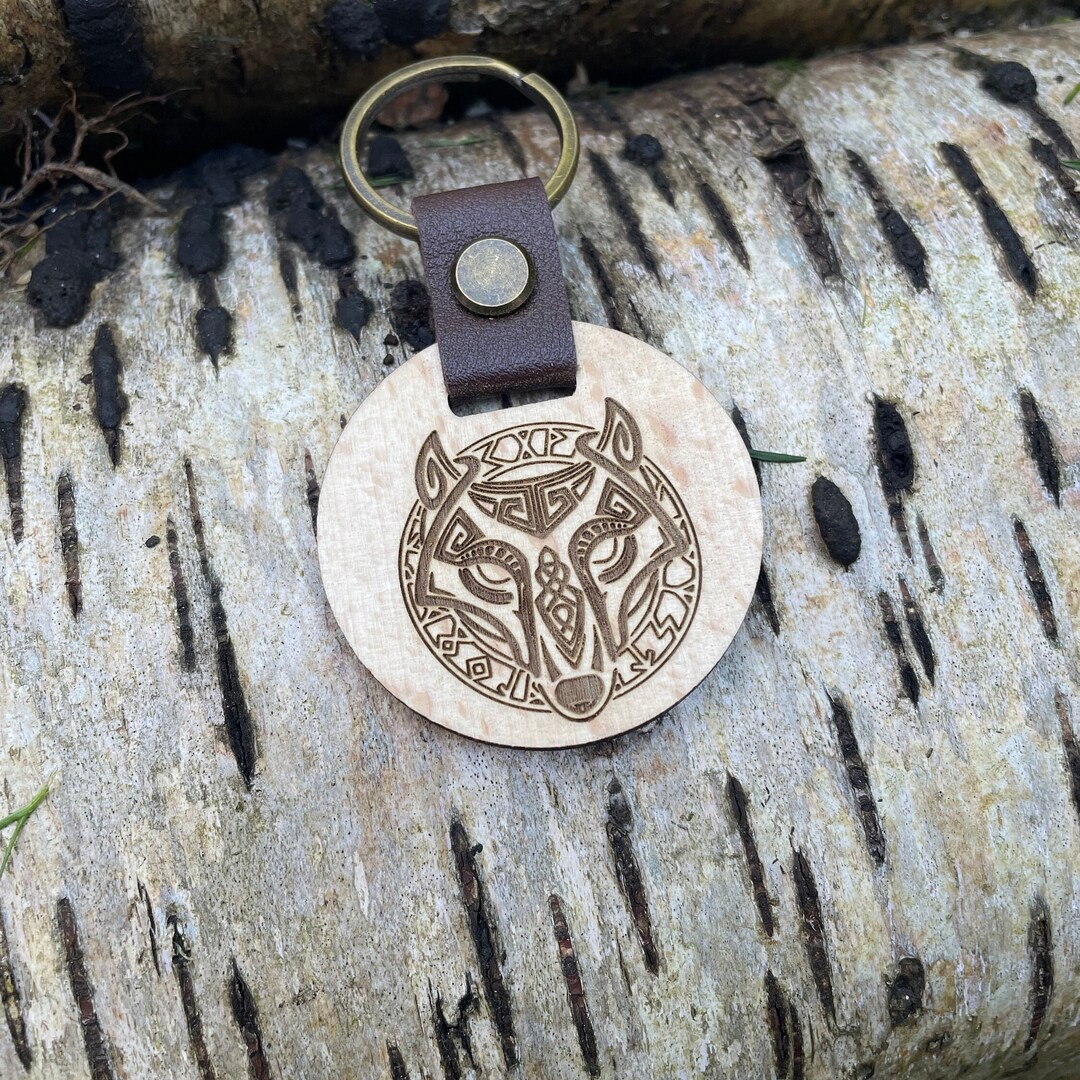Personalized Fenrir Wolf Wooden Keychain, Norse Runes - Etsy