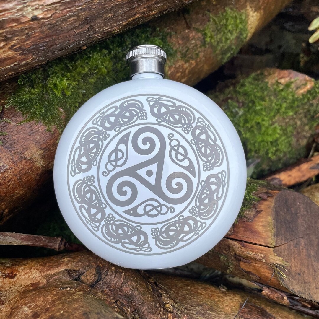 Viking Hip Flask, White, Triskele, Triskelion, Dragon, Celtic, Elder ...