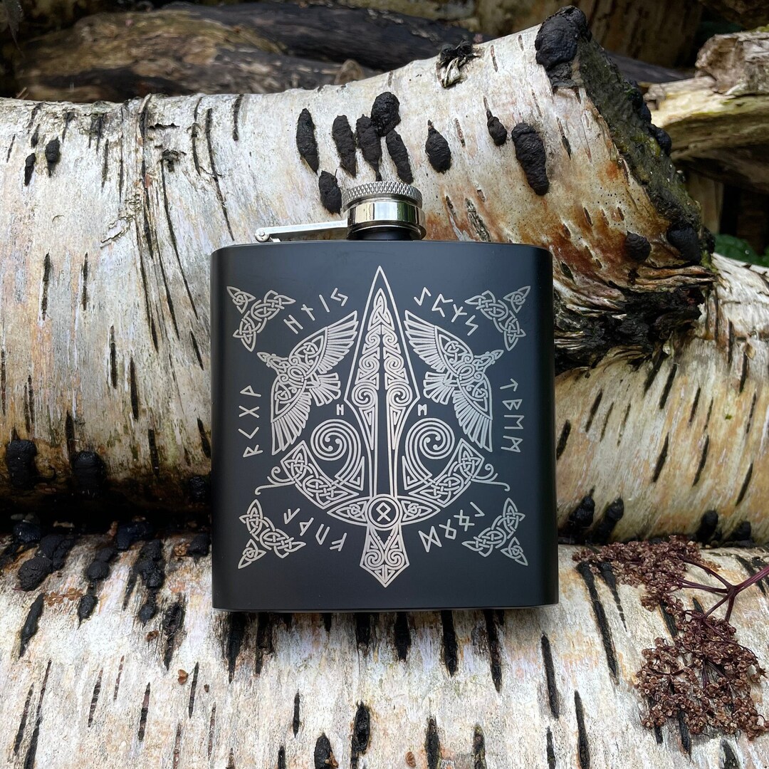 Viking Hip Flask, Odin, Gungnir, Ravens, Runic, Elder Futhark, Hugin ...