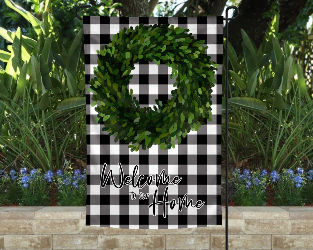 Farmhouse Garden or House Flag | Boxwood Wreath and Buffalo Plaid Yard ...