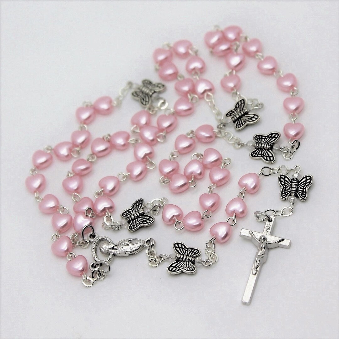 Light Pink Baby Girl Rosary, Blessed Mother Mary, Pearl Baby Rosary ...