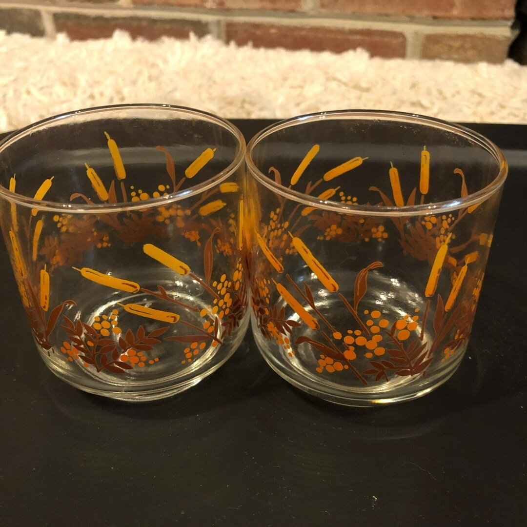 Libbey 70s Juice Glasses Set of 2 Cattails Orange Brown Vtg Stackable ...