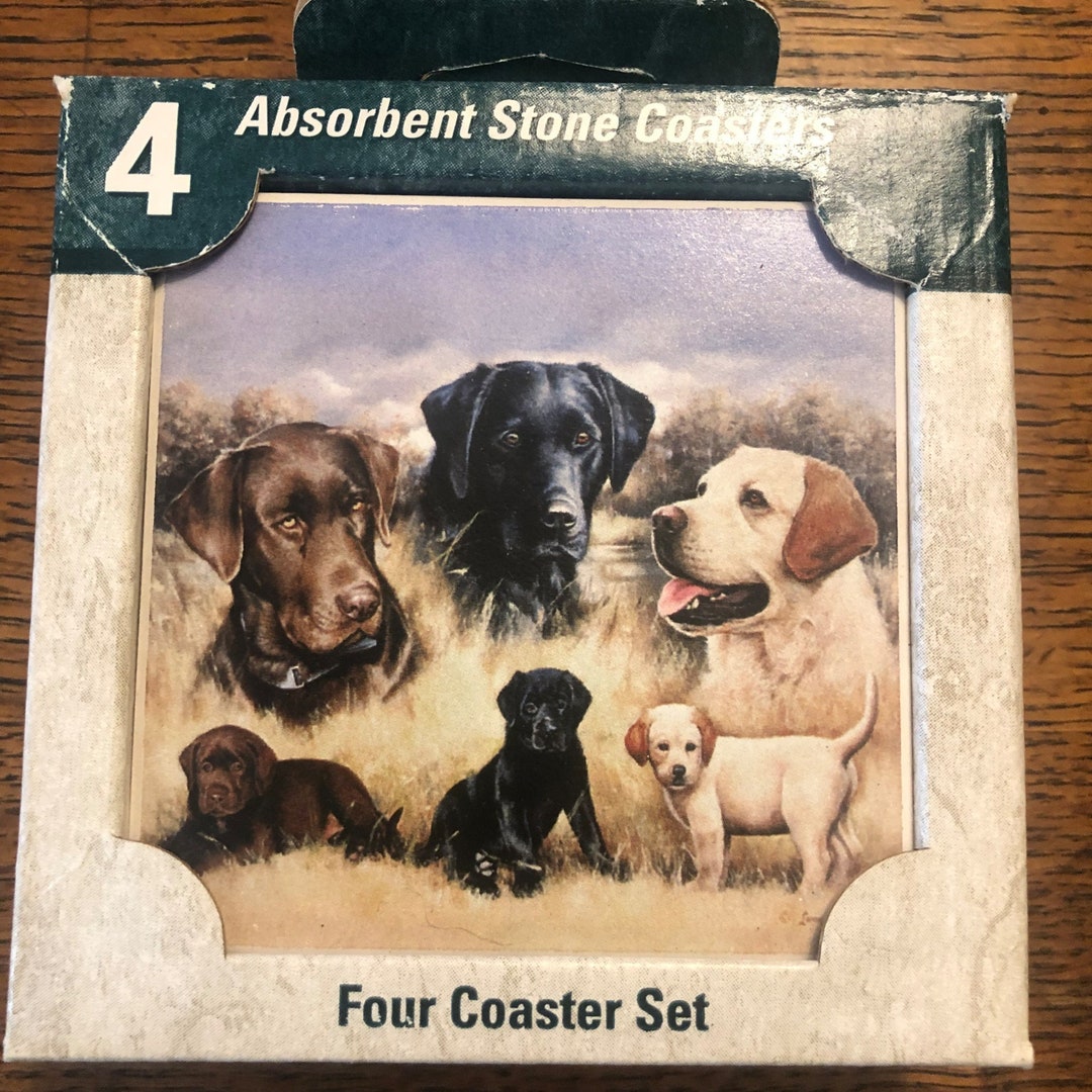 Stone Art Coasters Square Labrador Dogs NIB Absorbent Stone Black Lab ...