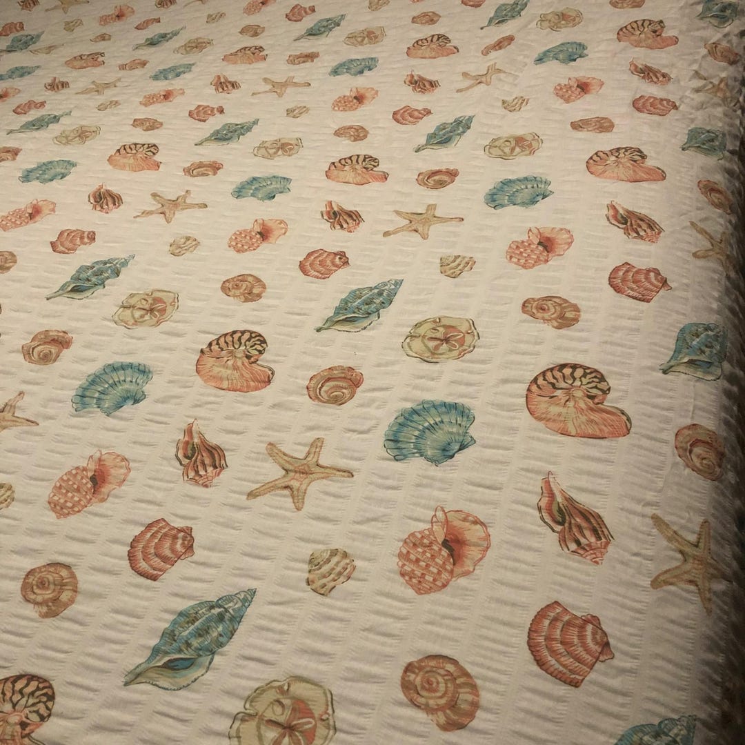 Vtg Full Size Seashell Bedspread Quilt White W/blue & Orange Shells ...