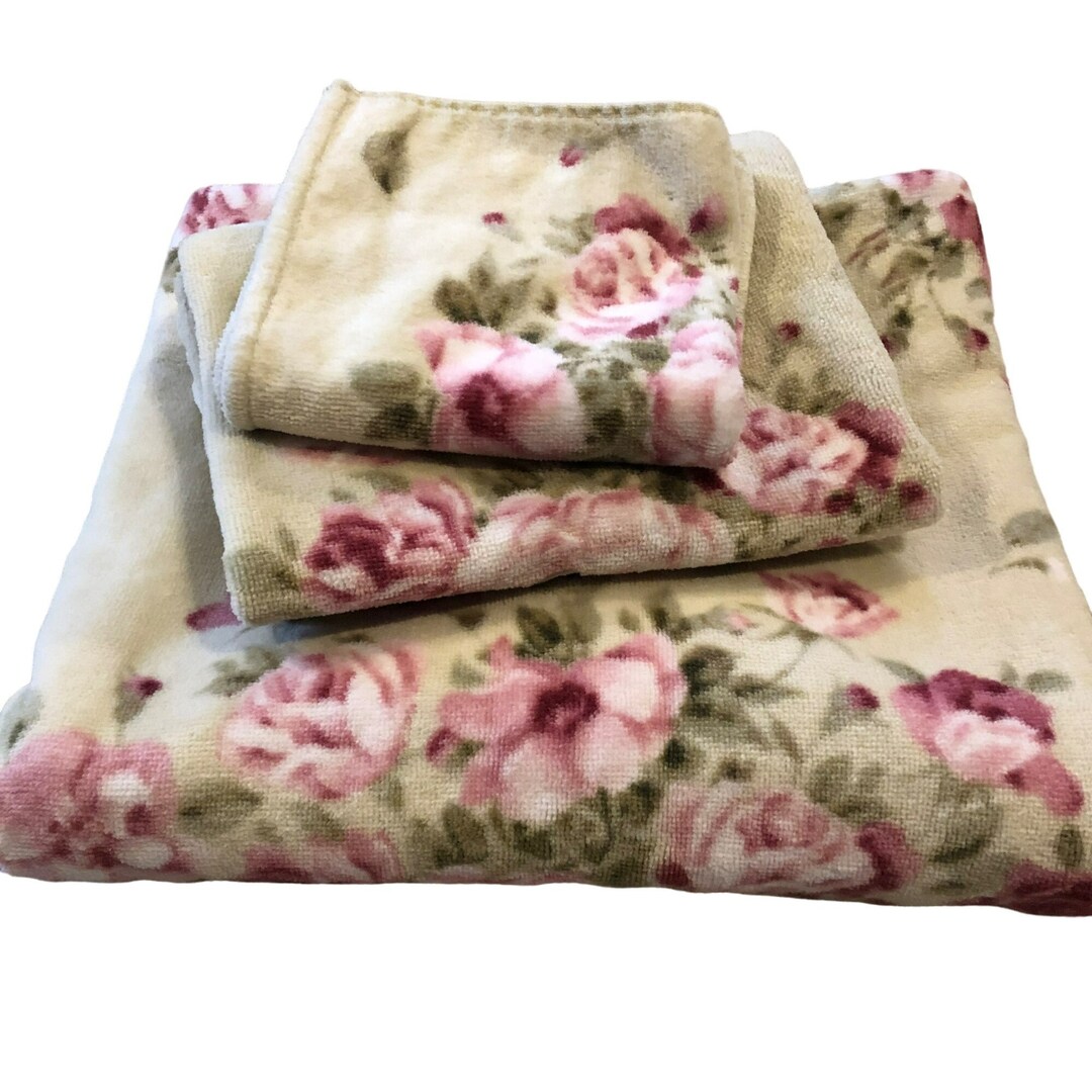 Terrisol Pink Rose Bath Set Towel Hand Towel Washcloth Cottage Romantic ...