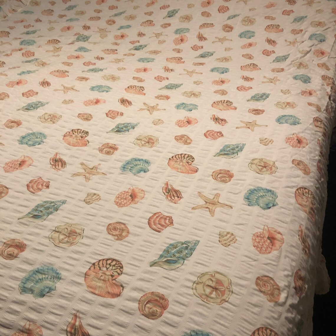 Vtg Full Size Seashell Bedspread Quilt White W/blue & Orange Shells ...