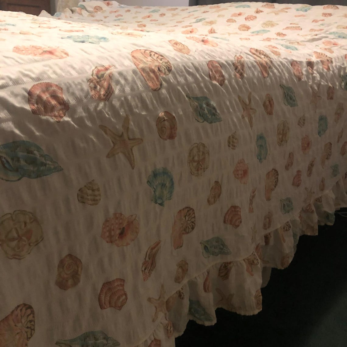 Vtg Full Size Seashell Bedspread Quilt White W/blue & Orange Shells ...