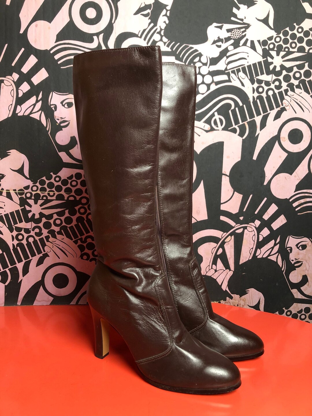 Vintage 1970s Dead Stock Brown Leather Heeled Platform Go Go Boots Soft ...