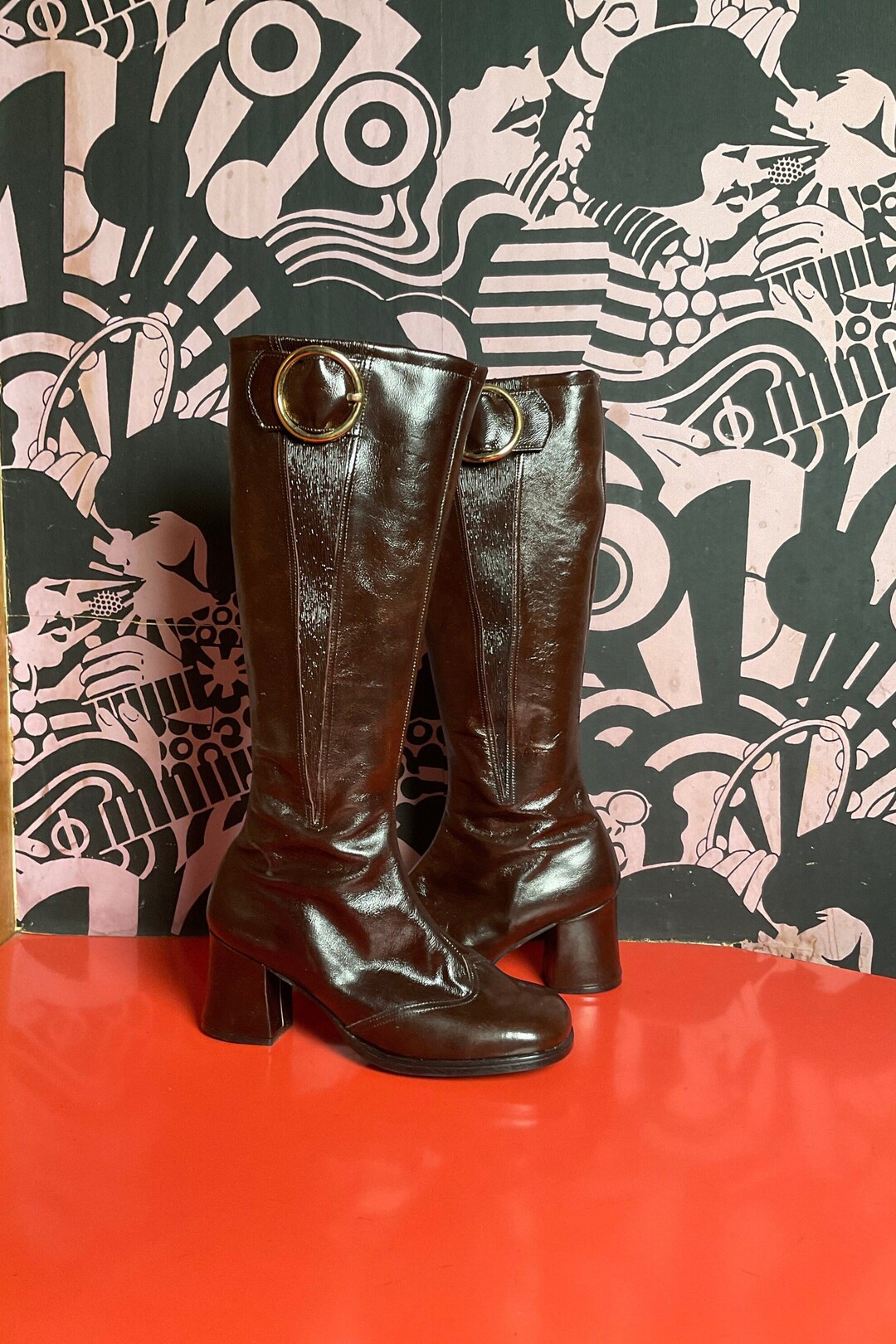Vintage Mod 70s Deadstock Dark Brown Faux Leather Platform Heeled Boots ...