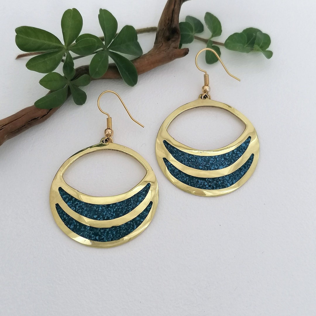 Turquoise Inlay Hoop Earrings, Aztec Earrings, Handcrafted Mexican ...