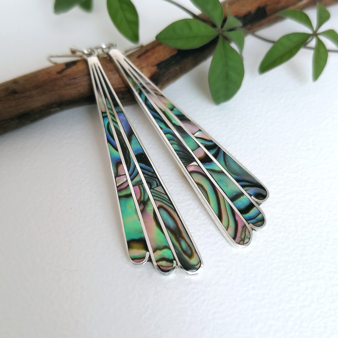 Art Deco Fan Earring, Abalone Inlay Earrings, Handcrafted Mexican ...