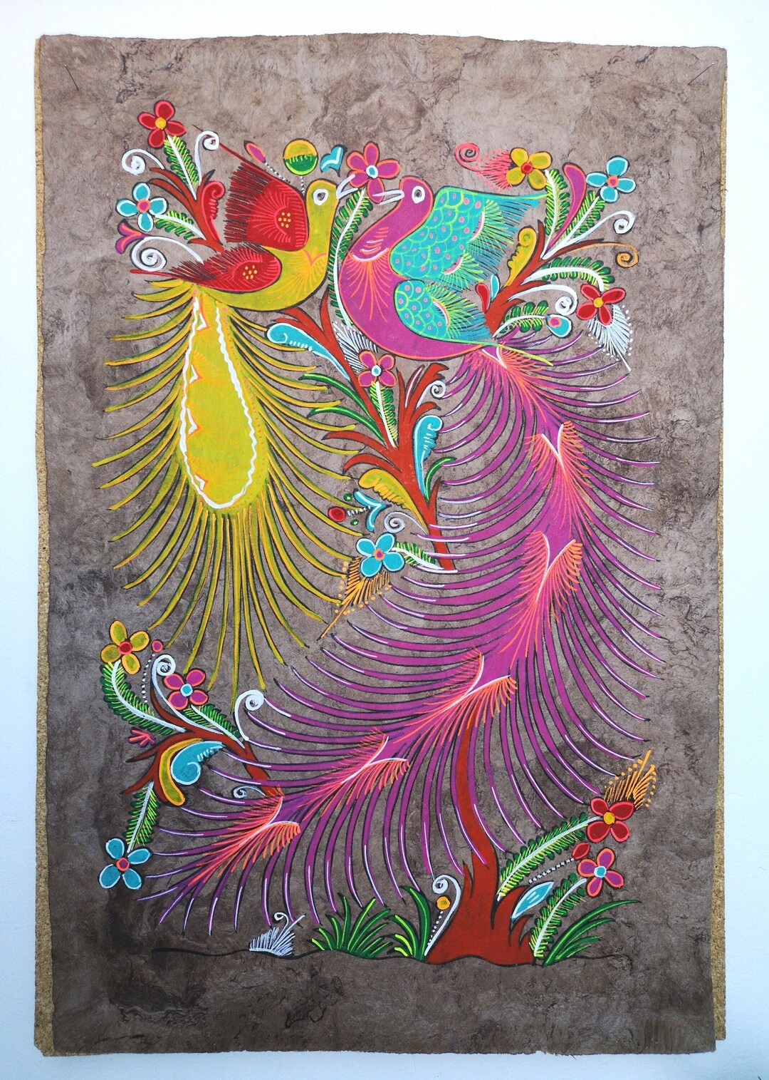 Pintura de papel con corteza mexicana, pintura de ave del paraíso, arte ...