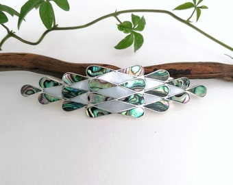 Art Deco Style Abalone Shell Hair Clip, Butterfly Wing Design, Mother of Pearl Barrette, Silver ...