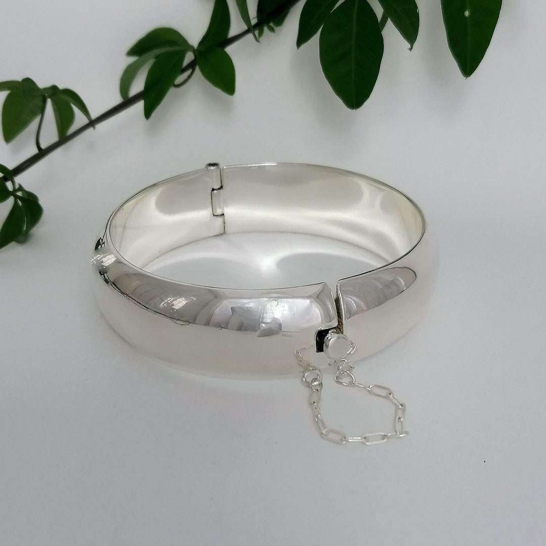 Classic Bracelet, Domed Bangle, Silver Tone Bracelet, Statement Bangle, Hinged Bangle, Wide ...