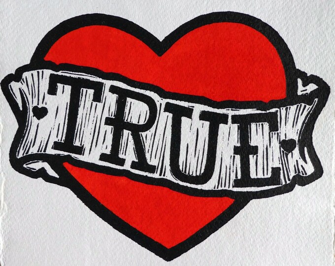 True - A 'true' Heart Lino Print, Hand Coloured With Red Watercolour ...