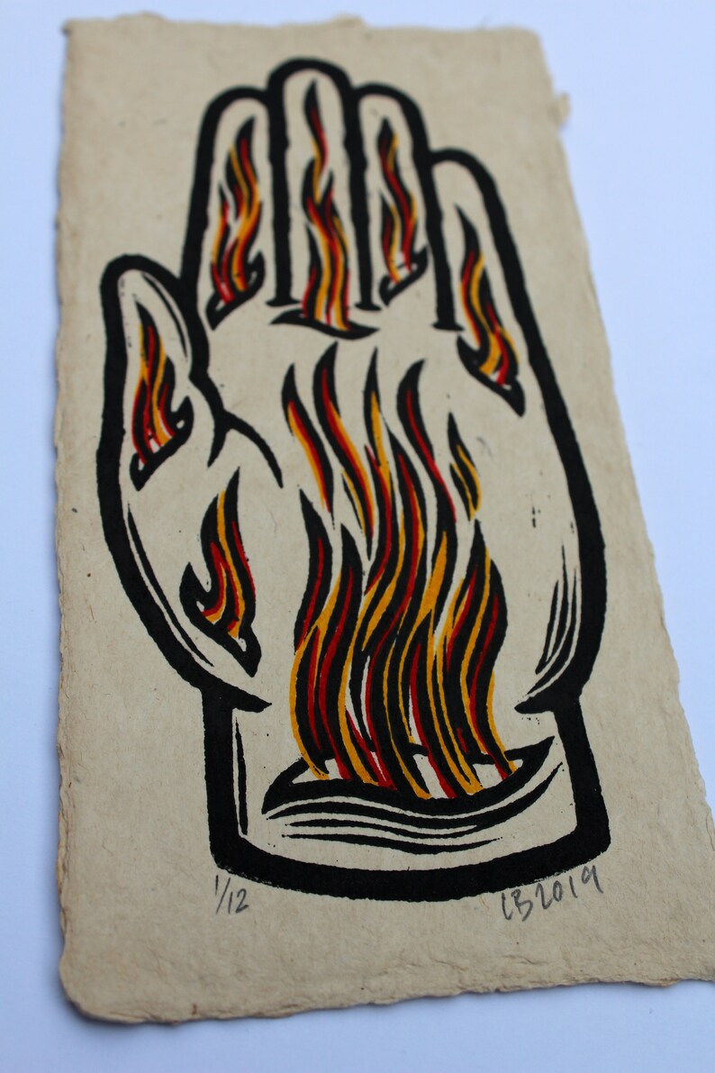 We Are Mostly Made of Fire - a Hand Painted Linocut on Handmade ...