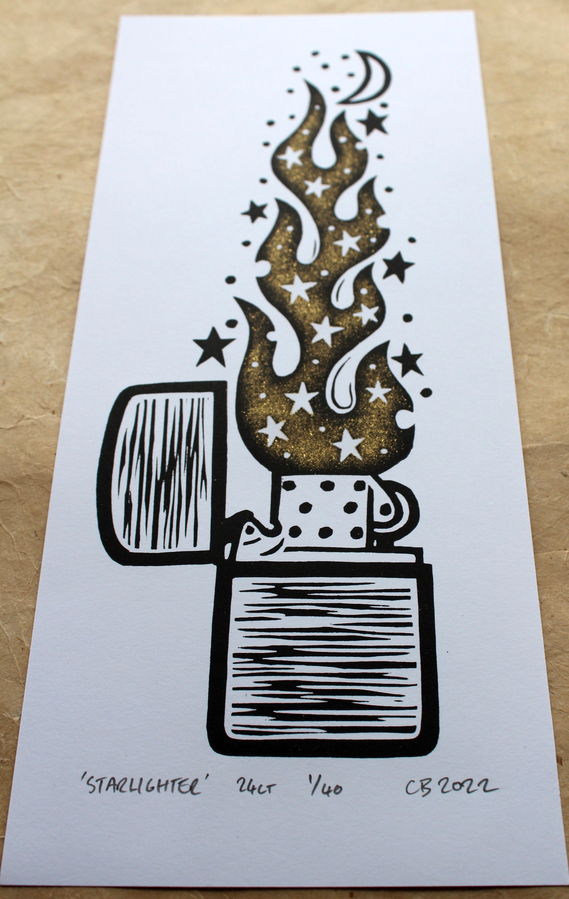 Starlighter 24ct - Handmade linocut print on Zerkall paper, decorated ...