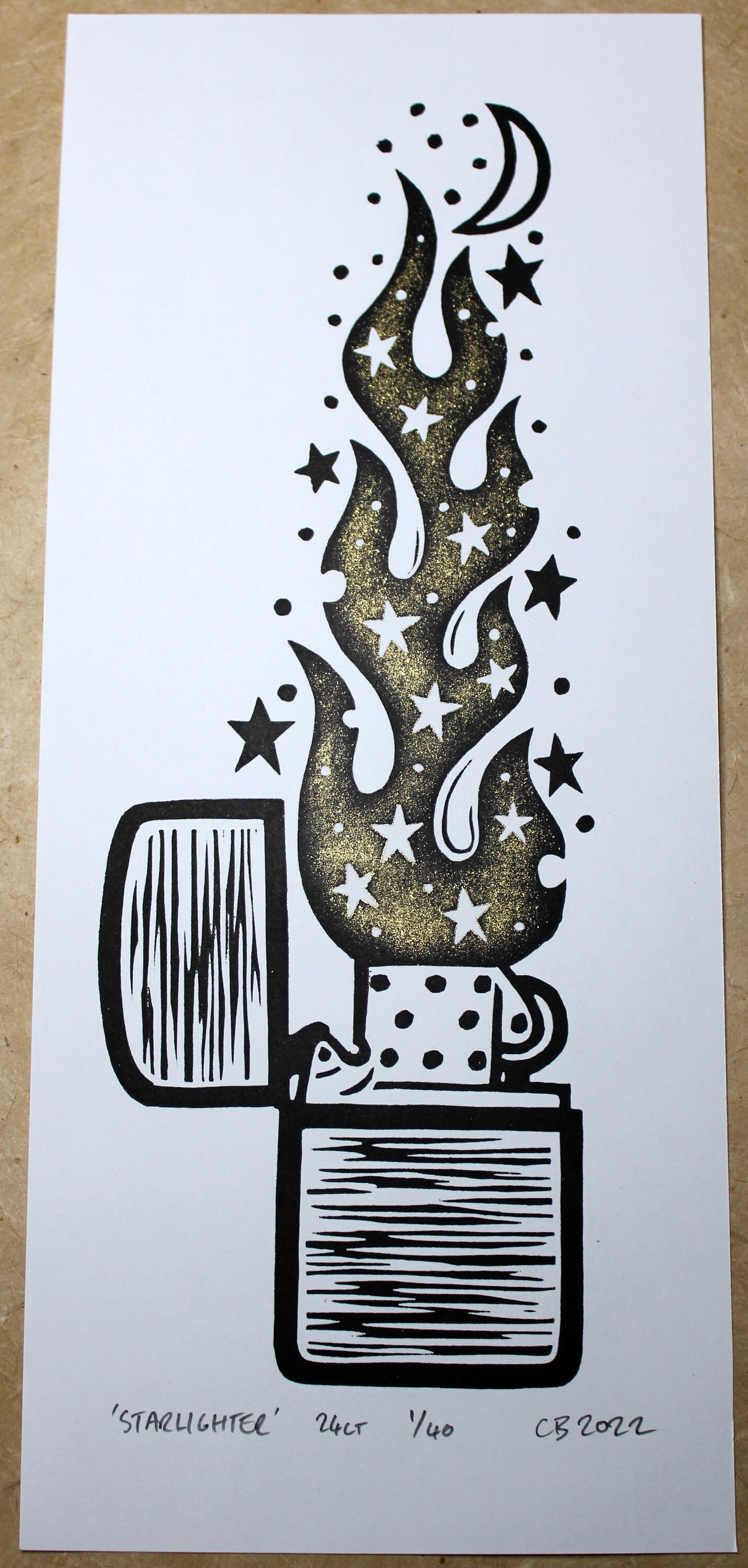 Starlighter 24ct - Handmade linocut print on Zerkall paper, decorated ...