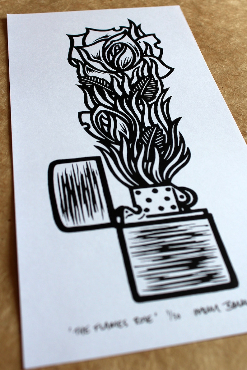 The Flames Rose - Handmade Linocut Print on Japanese Paper, Signed and ...