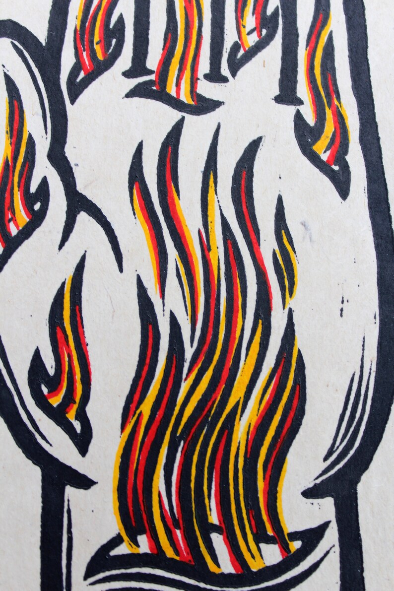 We Are Mostly Made of Fire - a Hand Painted Linocut on Handmade ...