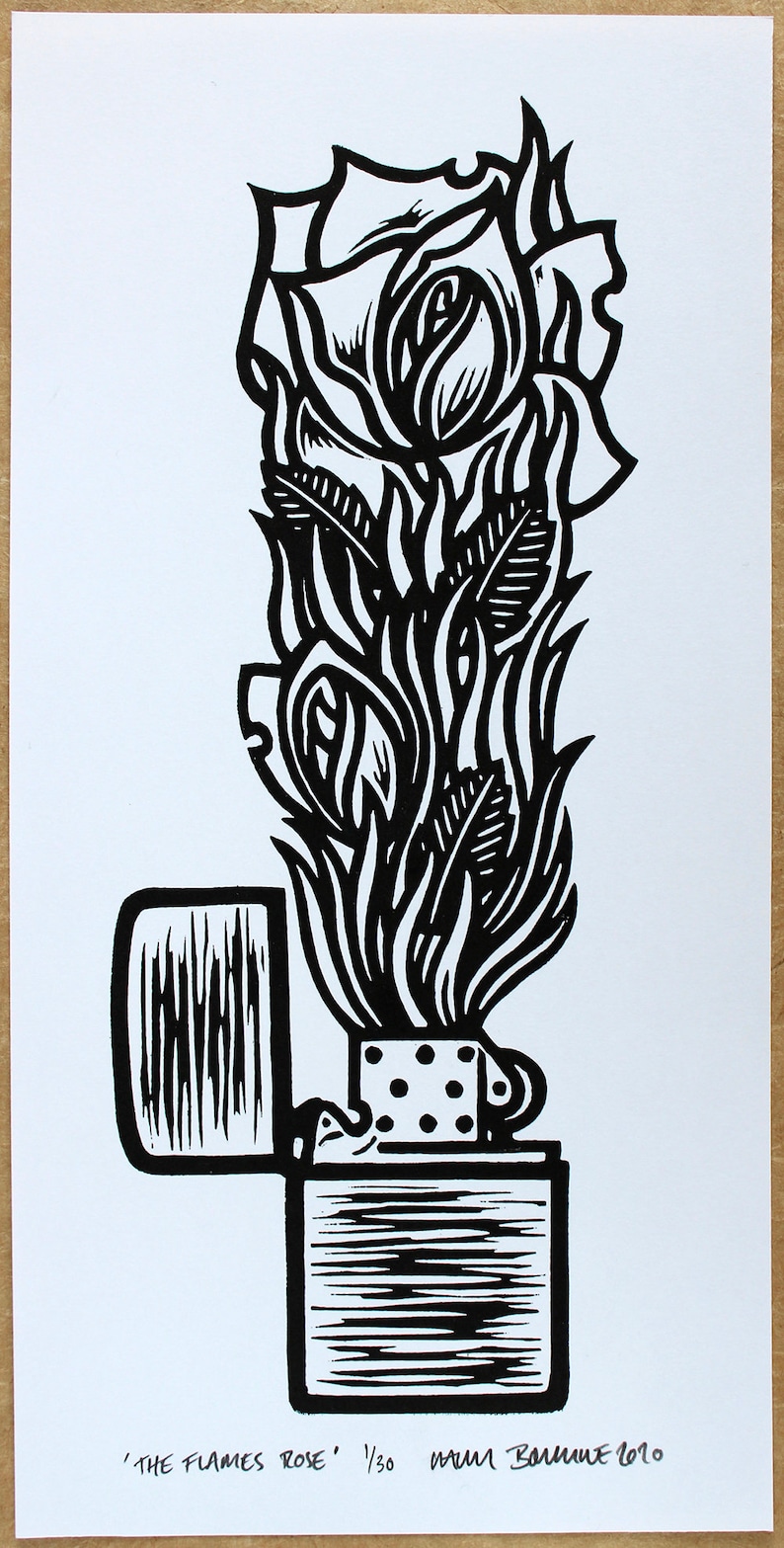 The Flames Rose - Handmade Linocut Print on Japanese Paper, Signed and ...