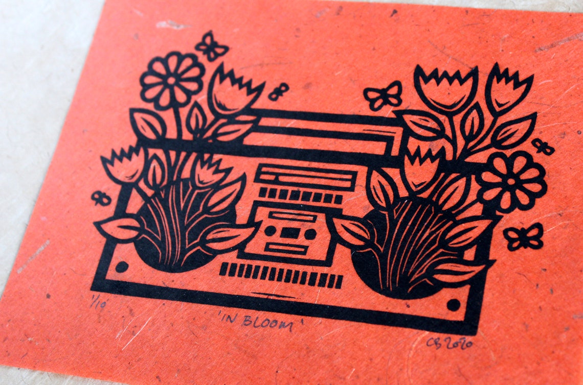 In Bloom red A Linocut Print on Red Natural Fibre Paper - Etsy