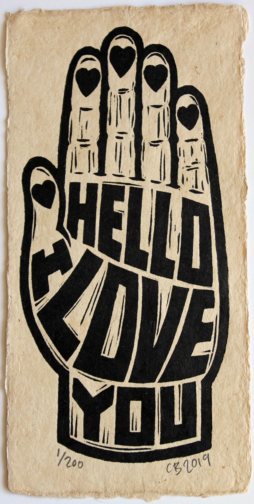 Hello I Love You - a Linocut on Handmade Bhutanese Paper - Signed ...
