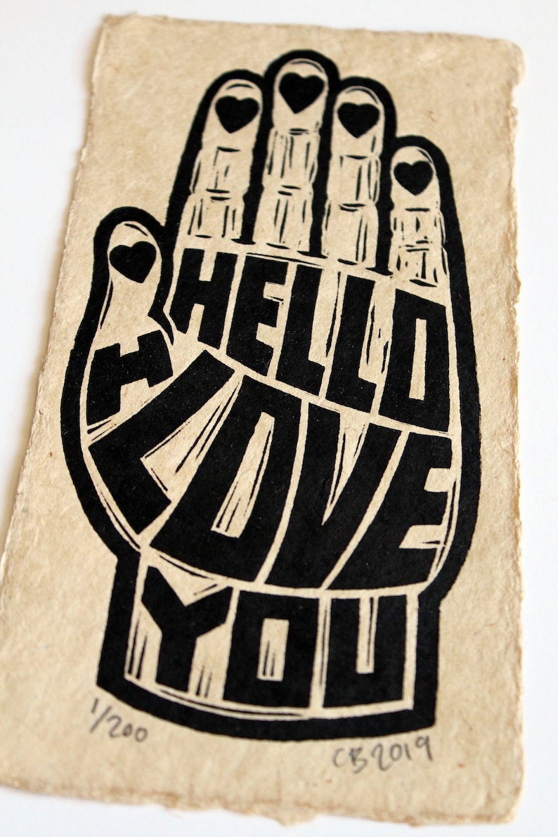 Hello I Love You a Linocut on Handmade Bhutanese Paper - Etsy